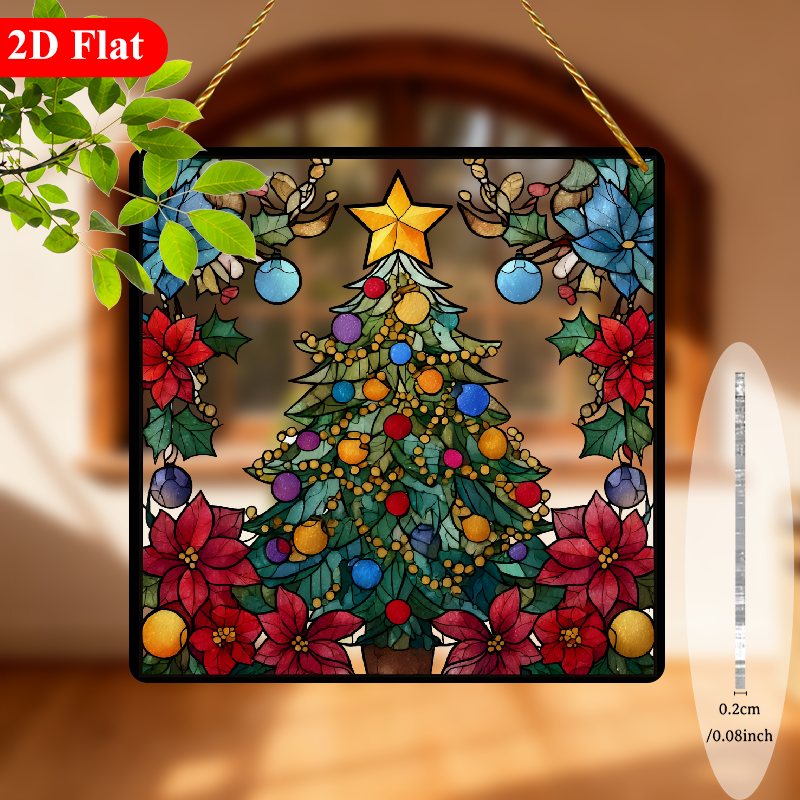 2D Flat, Elegant Christmas Tree Sun Catcher - Window Hanging with Red ...