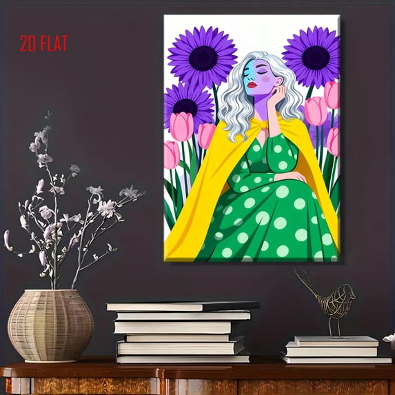 2D Flat Elegant Women Painting Silvery Curly Hair Purple Light Beige ...