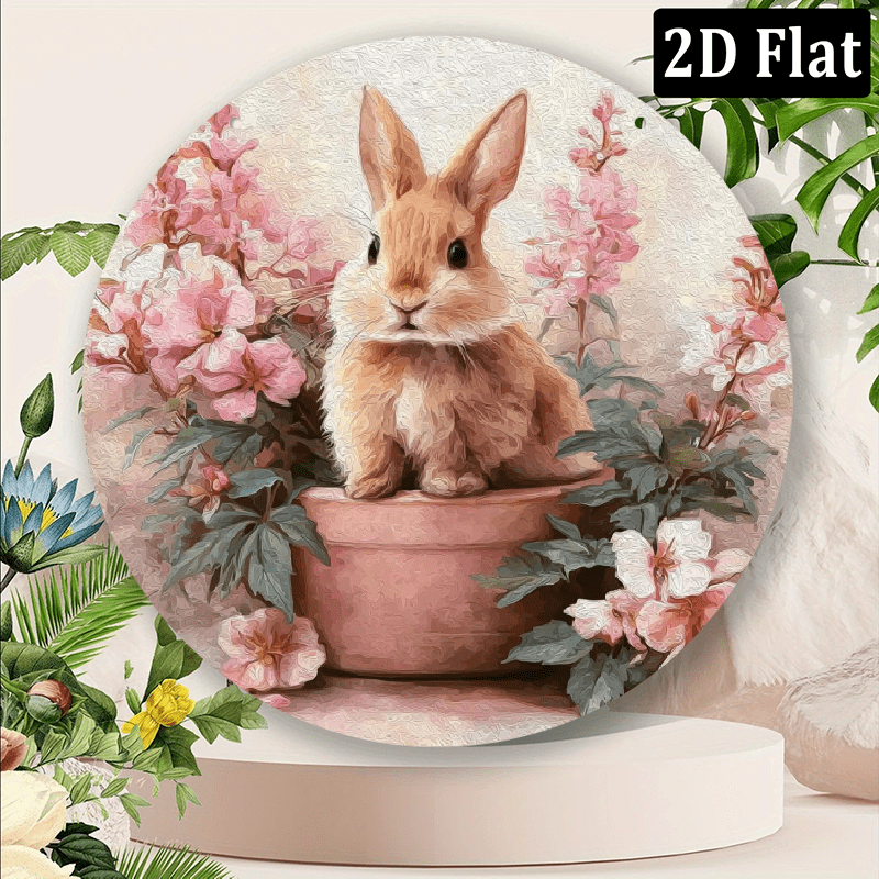 2D Flat Fairy in A Pot, Fairy Tale of Rabbit and Flowers Round Plaque ...