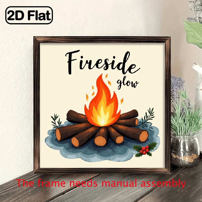 2D Flat, Fireplace Glow 8x8inch Wooden Frame Sign- Rustic and Winter ...