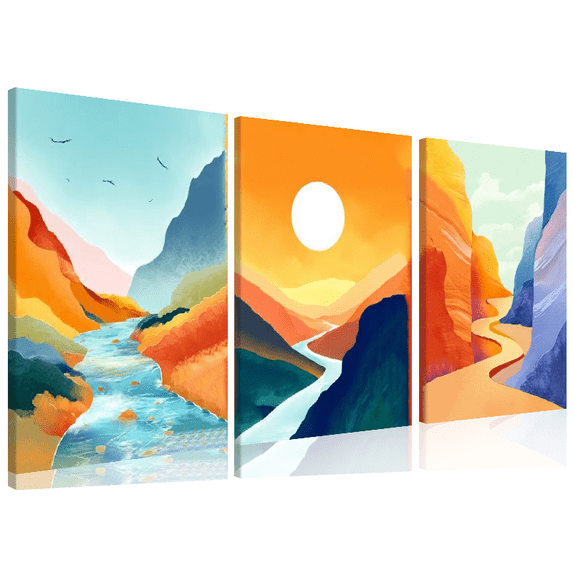 2D Flat, Frameless, 3pcs Abstract Mountain Sunset Triptych, Printed Oil ...
