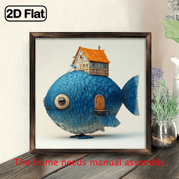 2D Flat, Funny Blue Fish House Wall Decor - with Expressive Eyes ...