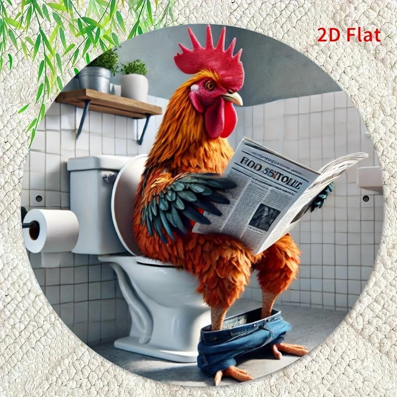2D Flat Funny Chicken Bathroom Metal Wall Art - 8-Inch Round Tin Sign ...