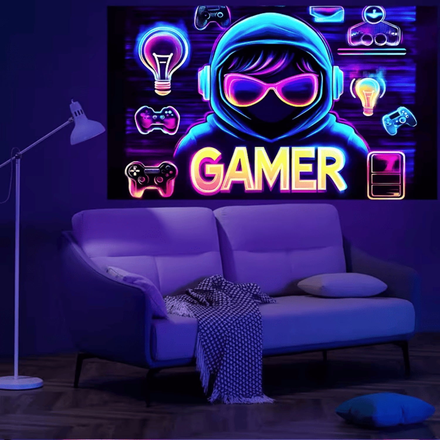 2D Flat Glow in The Dark Gamer Tapestry Fluorescent Wall Hanging ...