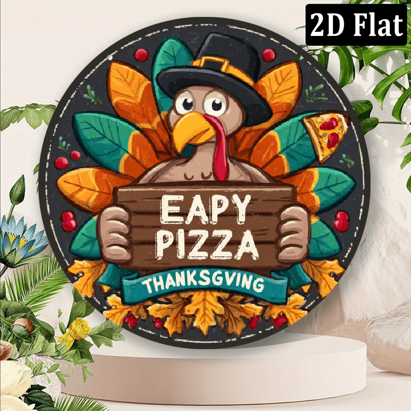 2D Flat, Happy Thanksgiving Iron Metal Sign 8 Inch Round Turkey Eat ...