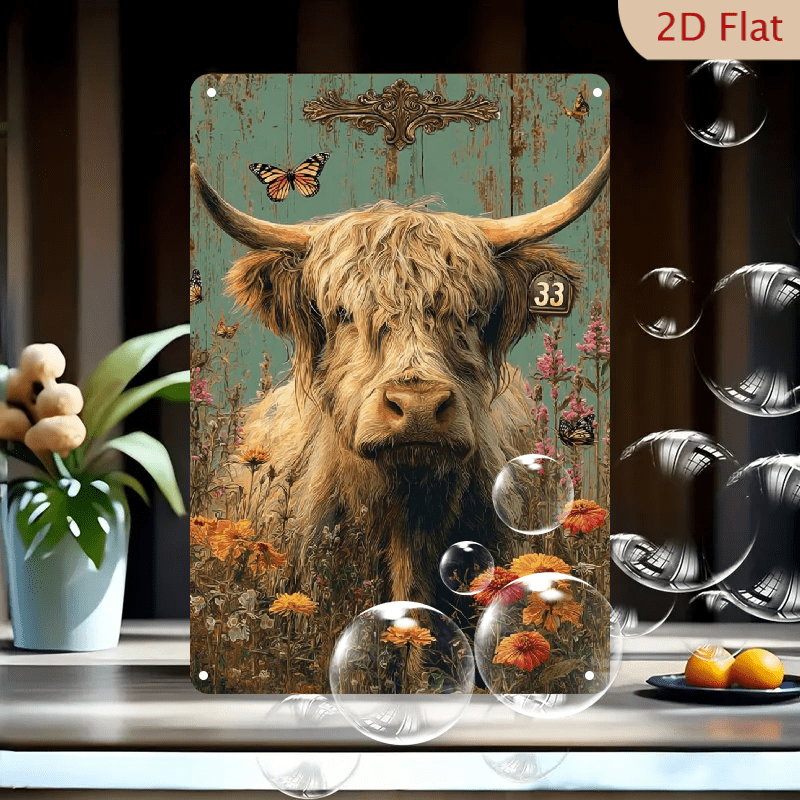 2D Flat, Highland Cow and Daisy Spring Floral Themed Metal Sign - 8x12 ...