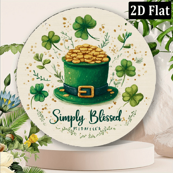 2D Flat, Holiday Cheer Simply Blessed 8-Inch Round Aluminum St Patrick ...