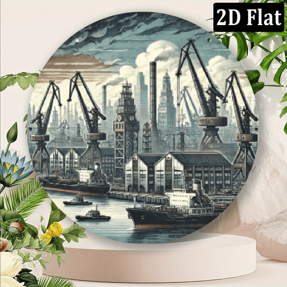 2D Flat Industrial City Port Landscape 8x8in Round Aluminum Sign ...