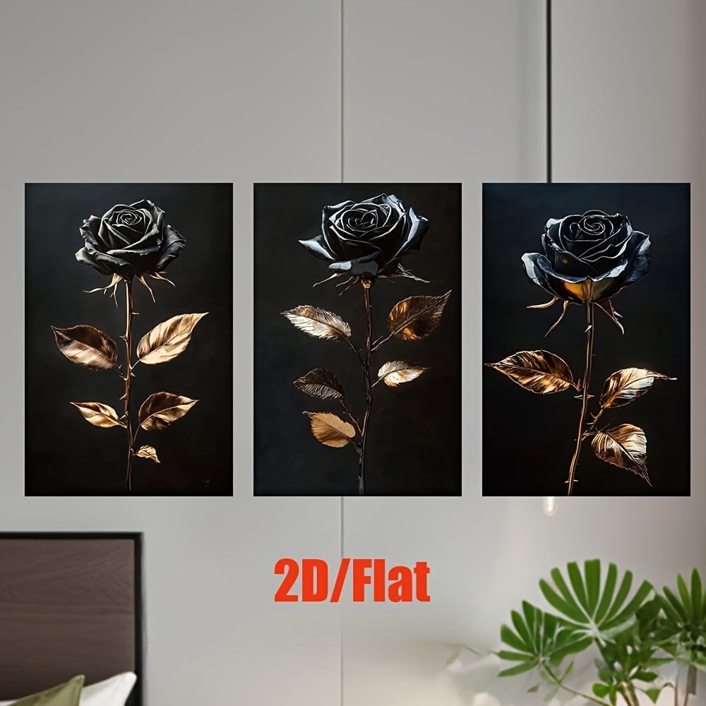 2D Flat, [JIT]3pcs/set, 2D Flat canvas paintings-frameless, Black roses ...