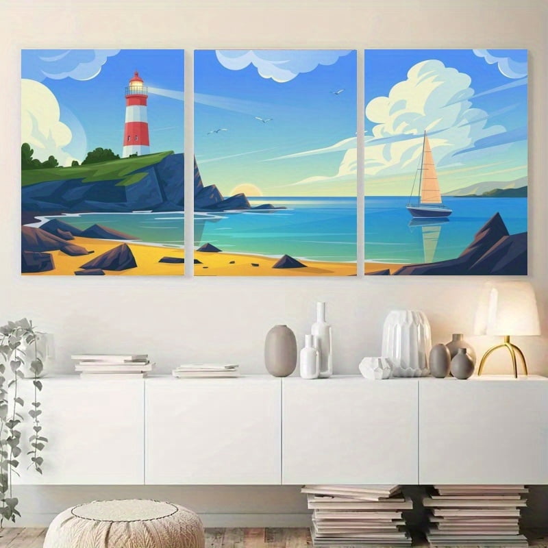 2D Flat, Lighthouse Sailboat Rocky Shore Clouds Blue Sky Seagulls ...
