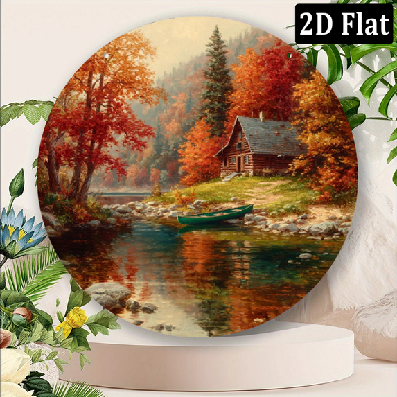 2D Flat, Luxury Woodland Cabin 8x8in Round Metal Sign - Waterproof Rust ...