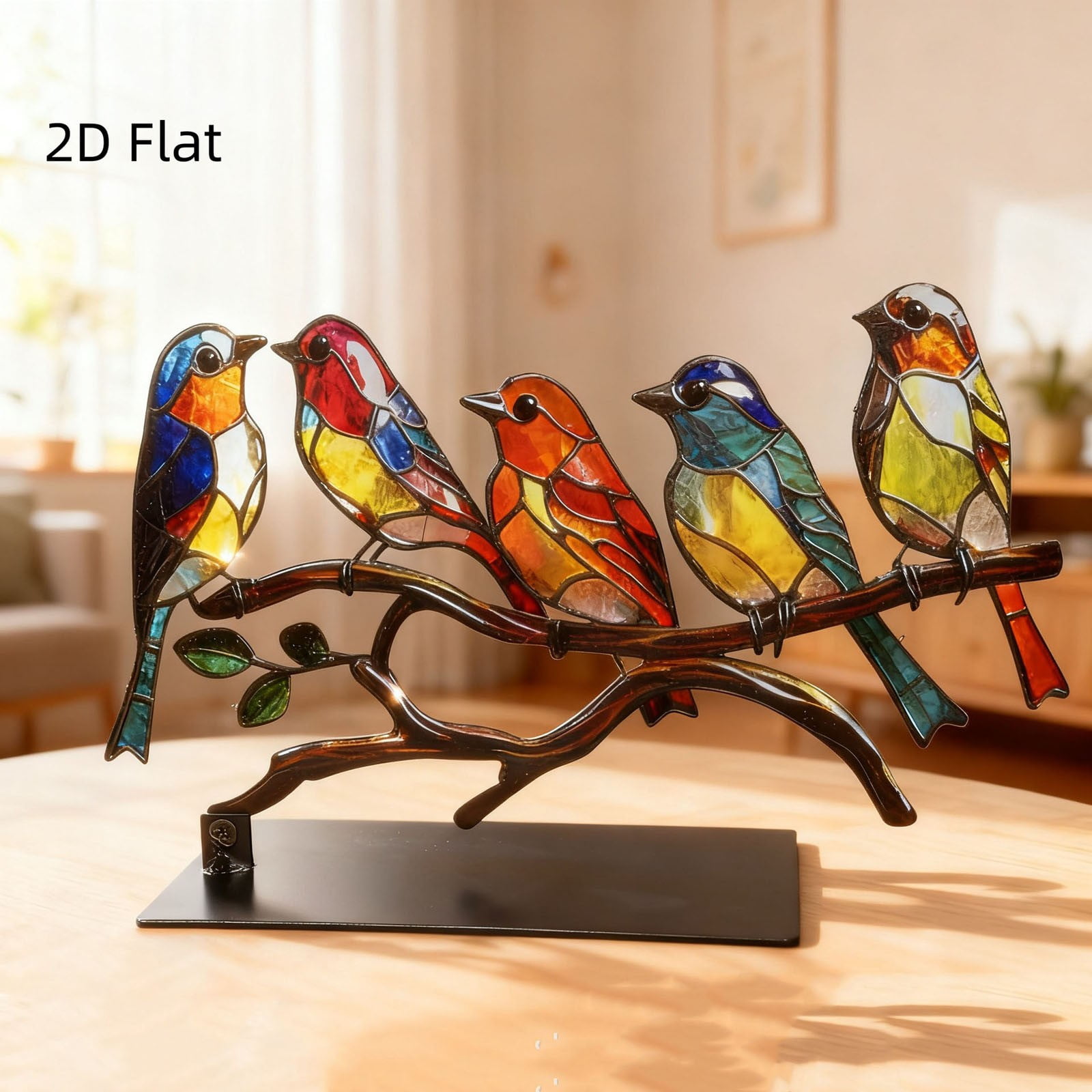 2D Flat Metal Bird Tabletop Ornament – Five Birds on a Tree Branch ...
