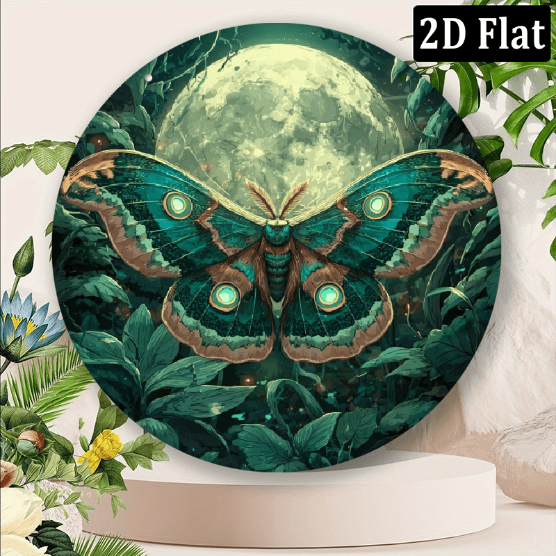 2D Flat, Moth and Moon Design Metal Sign Wall Art - 8 Inch Round Iron ...