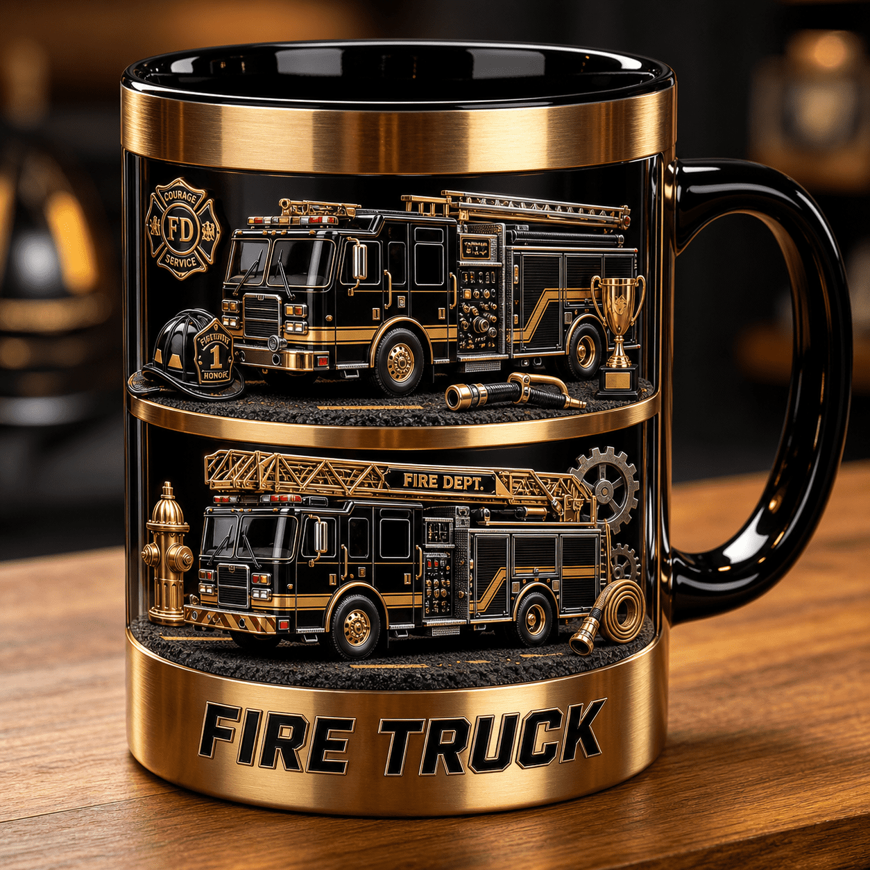 2D Flat Mug, Fire Truck Mug Black Gold Firefighter Gift for Fire Dept ...