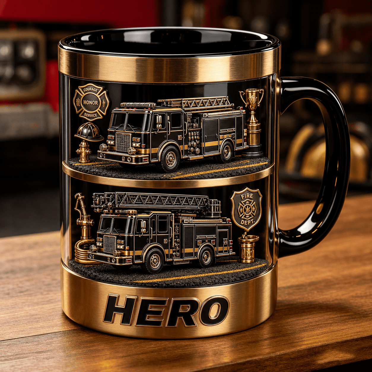 2D Flat Mug, Fire Truck Mug Hero Firefighter Gift, Black Gold Fire Dept ...