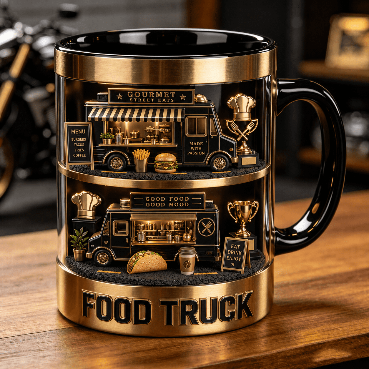 2D Flat Mug, Food Truck Mug Black Gold Gourmet Street Eats Gift for ...
