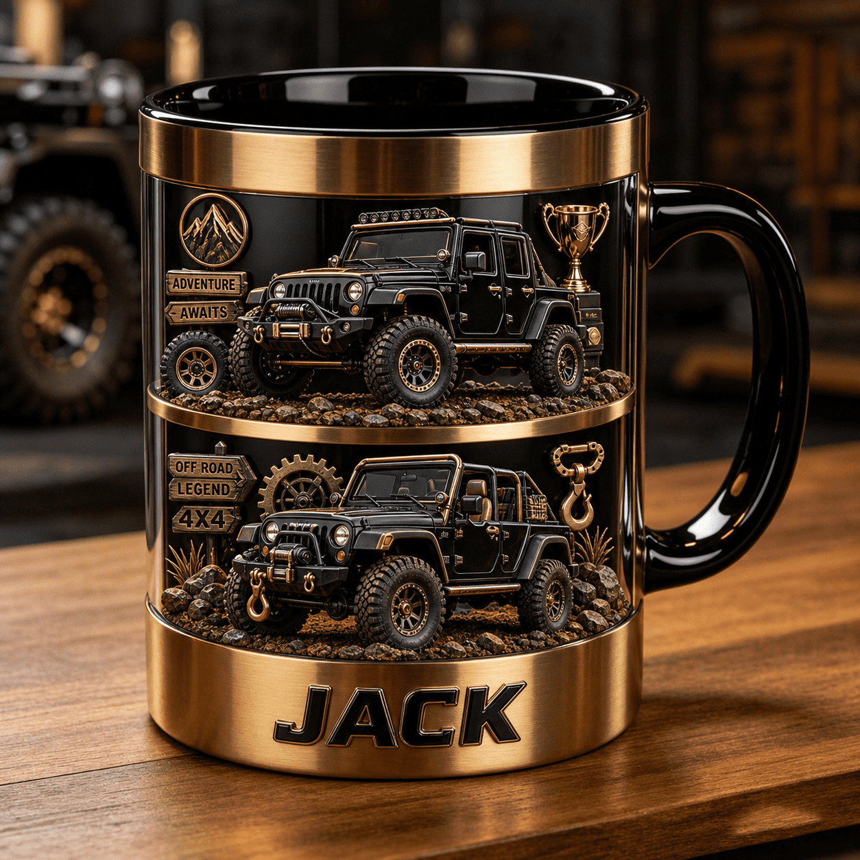 2D Flat Mug, Jeep Mug Black Gold Off Road Adventure Gift for Jeep ...