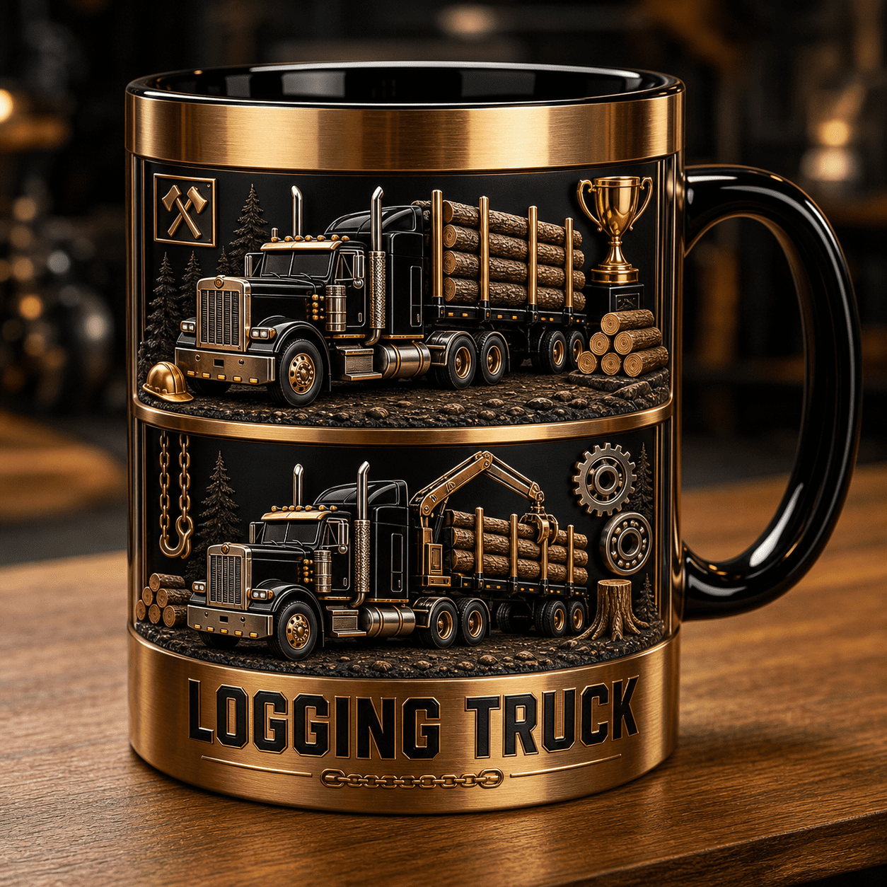 2D Flat Mug, Logging Truck Mug Black Gold Logger Gift for Truck Drivers ...