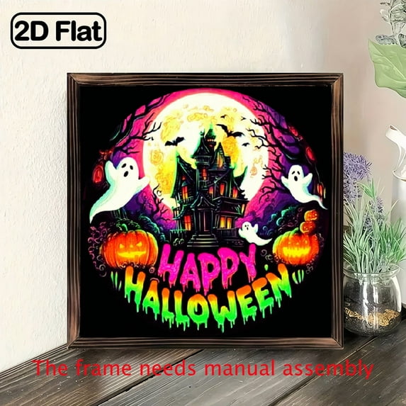 2D Flat, Neon Halloween Sign - Spooky Haunted House Jack-O'-Lanterns ...