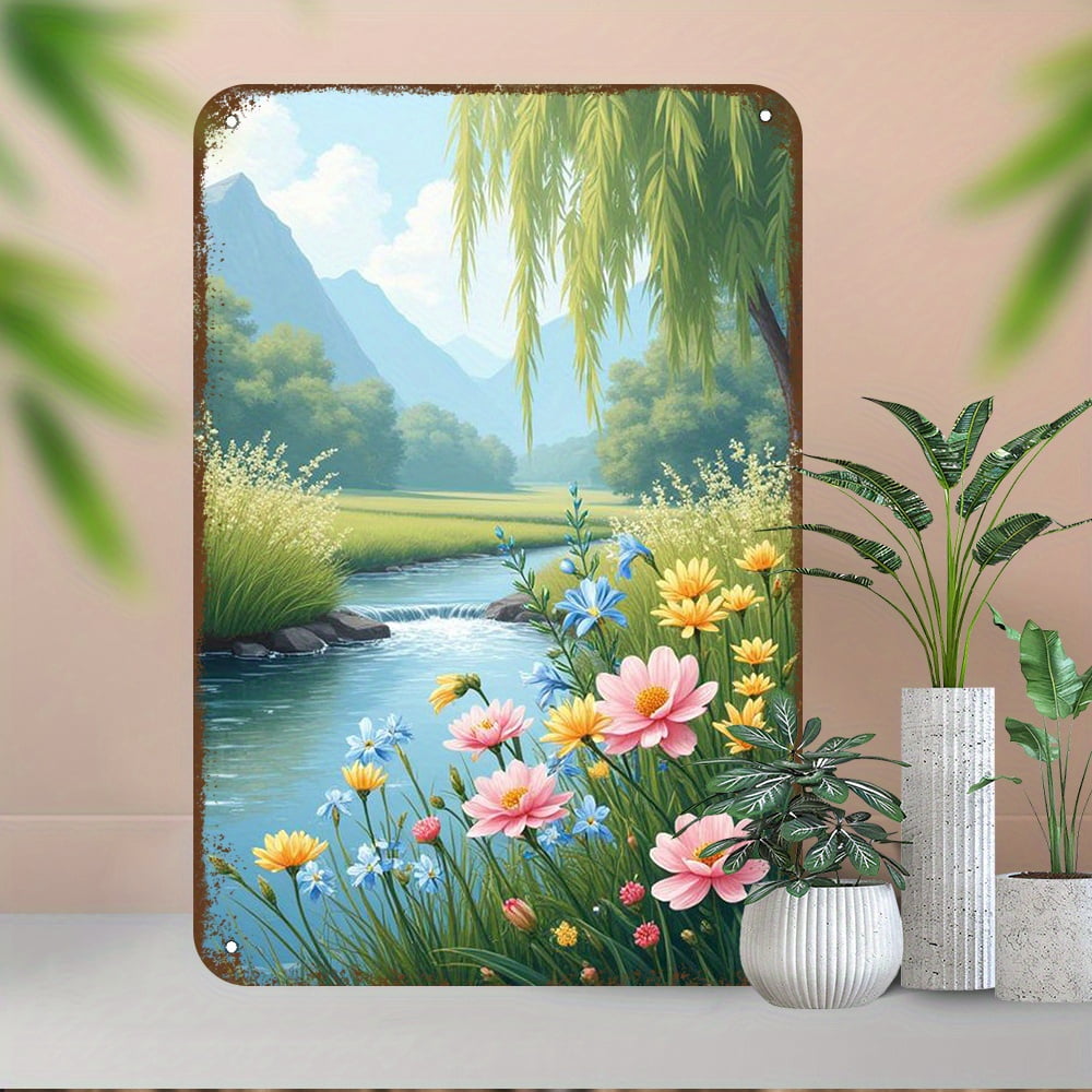 2D Flat, One retro metal tin sign Serene riverside floral landscape 2D ...
