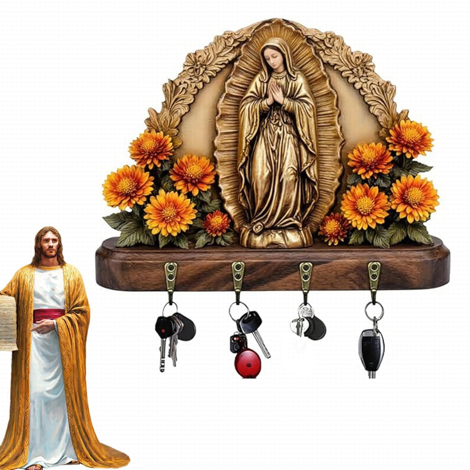 2D Flat Our Lady Of Sacred Wall Key Holder With 4 Hooks Rustic ...