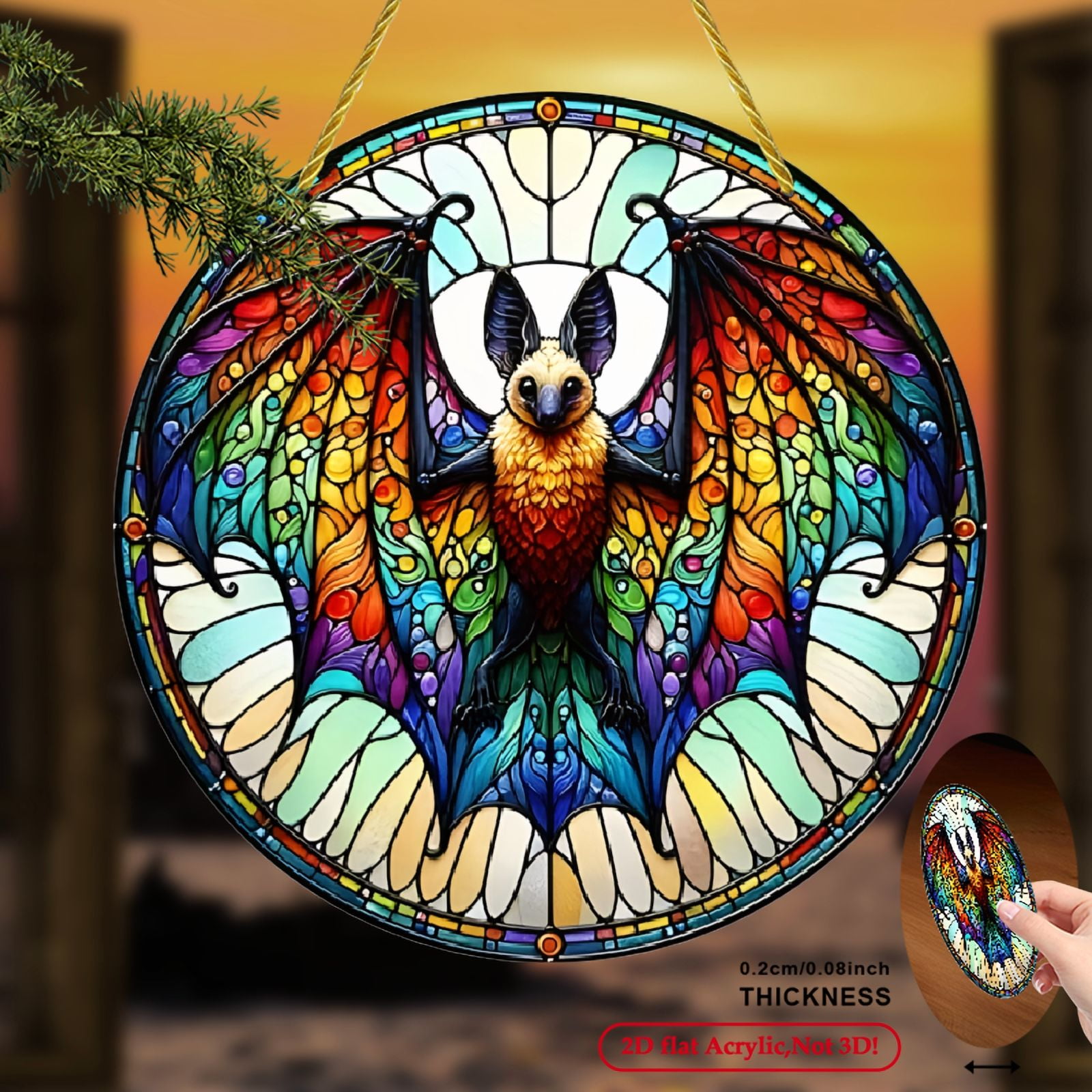 2D Flat Painted Bat Suncatcher-Round Acrylic Hanging Ornament, Gothic ...