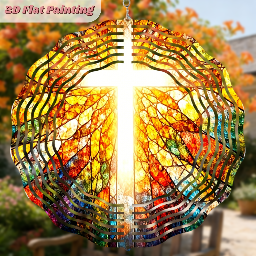 2D Flat Painting, a iron wind chime, cross stained glass light, 360 ...