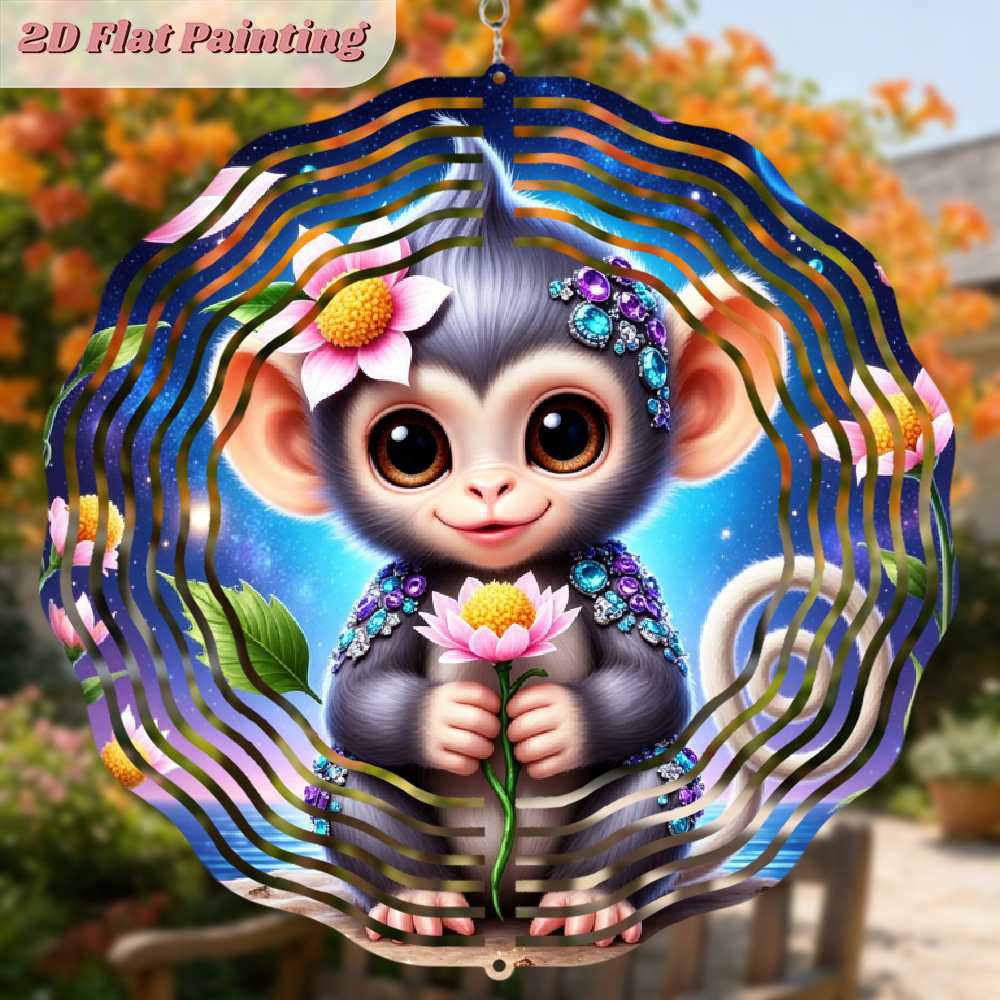 2D Flat Painting, a iron wind chime, cute monkey. It can 360 rotate ...