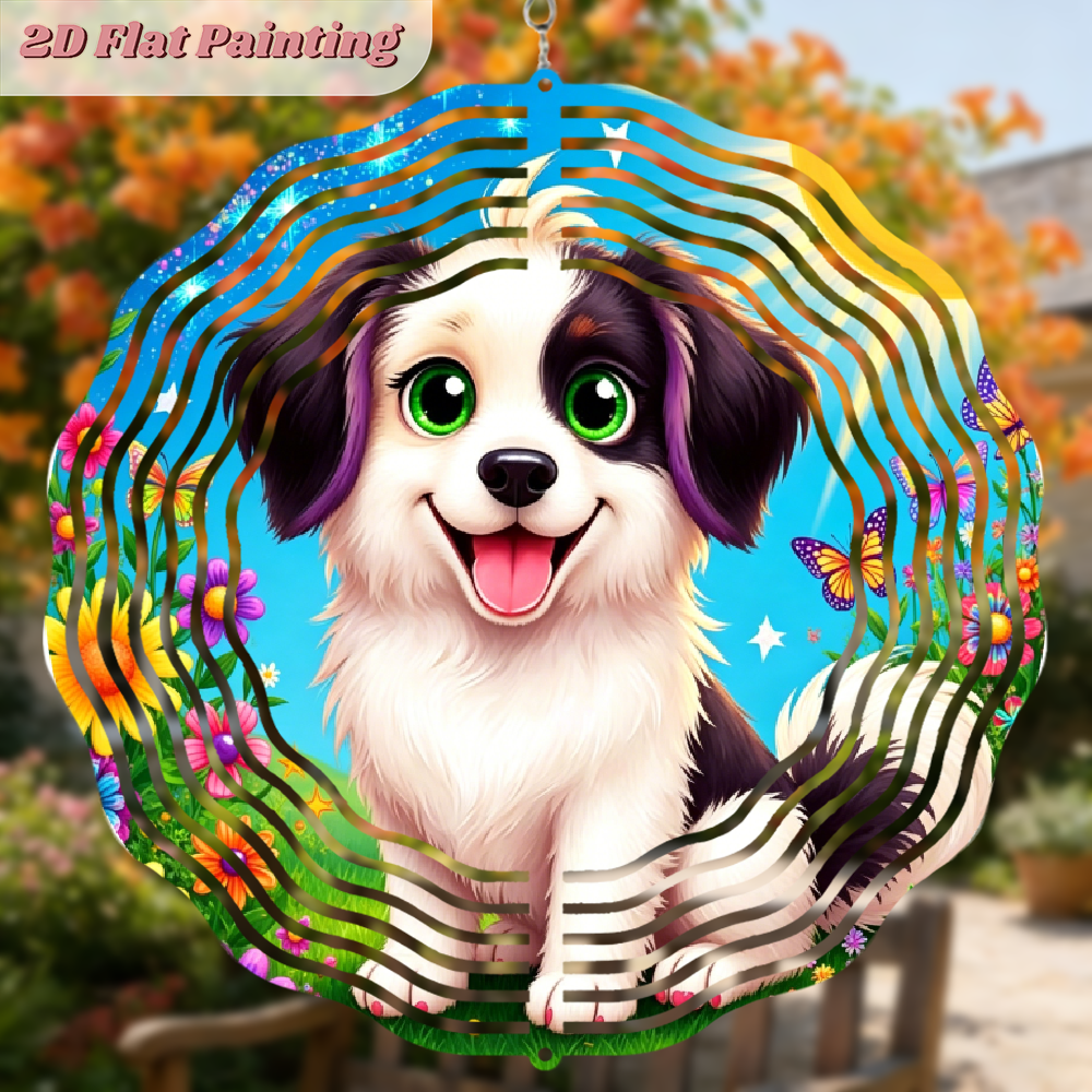 2D Flat Painting, a iron wind chime, "green-eyed puppy". It can 360 ...