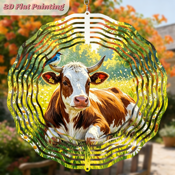 2D Flat Painting, a iron wind chime, themed "Gentle Cow" design. It can ...
