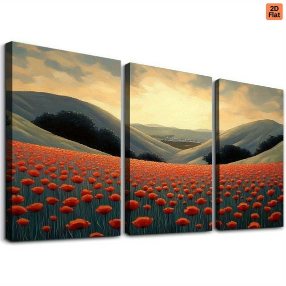 2D Flat, Paintings, JKDUDU 3pcs Classic Poppy Field Canvas Wall Art ...