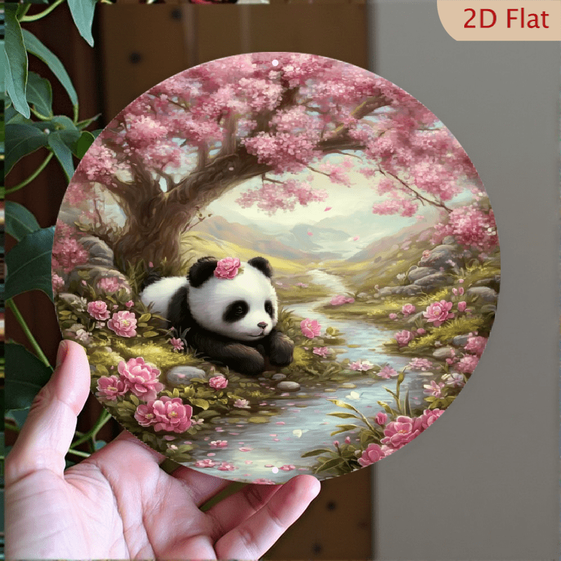 2D Flat Panda Under Cherry Blossom Tree 1Pc Round 2D Printed aluminium ...