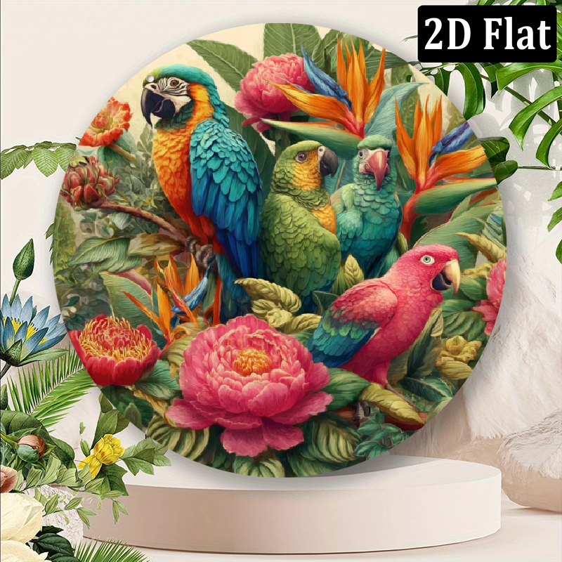 2D Flat, Parrot-Themed Tropical Birds and Botanicals Round Iron Wall ...