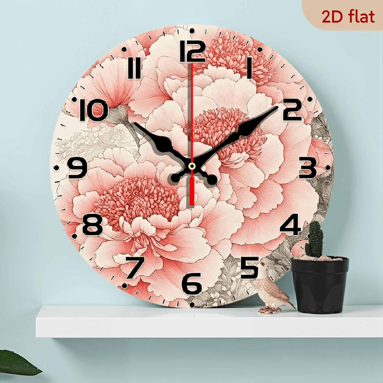 2D Flat, Pink peony Backdrop Clock - 10-Inch Wood Veneer Europe and ...