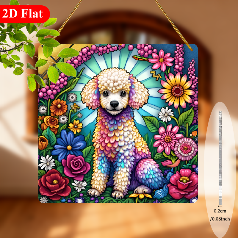 2D Flat, Poodle Family Theme Square Cartoon Suncatcher Hanging Ornament ...