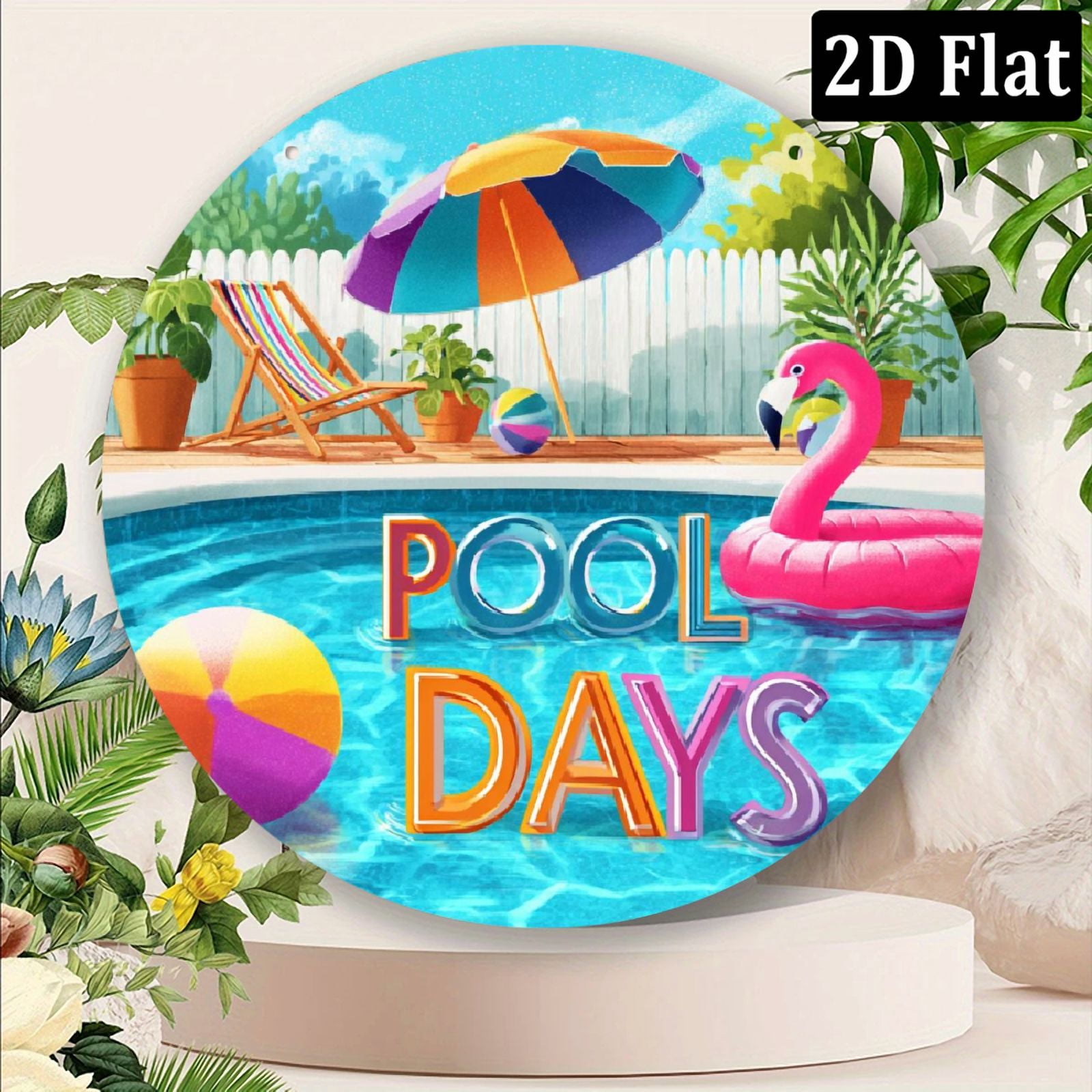 2D Flat, Pool Day Aluminum Wall Art - Round Metal Sign for Swimming ...
