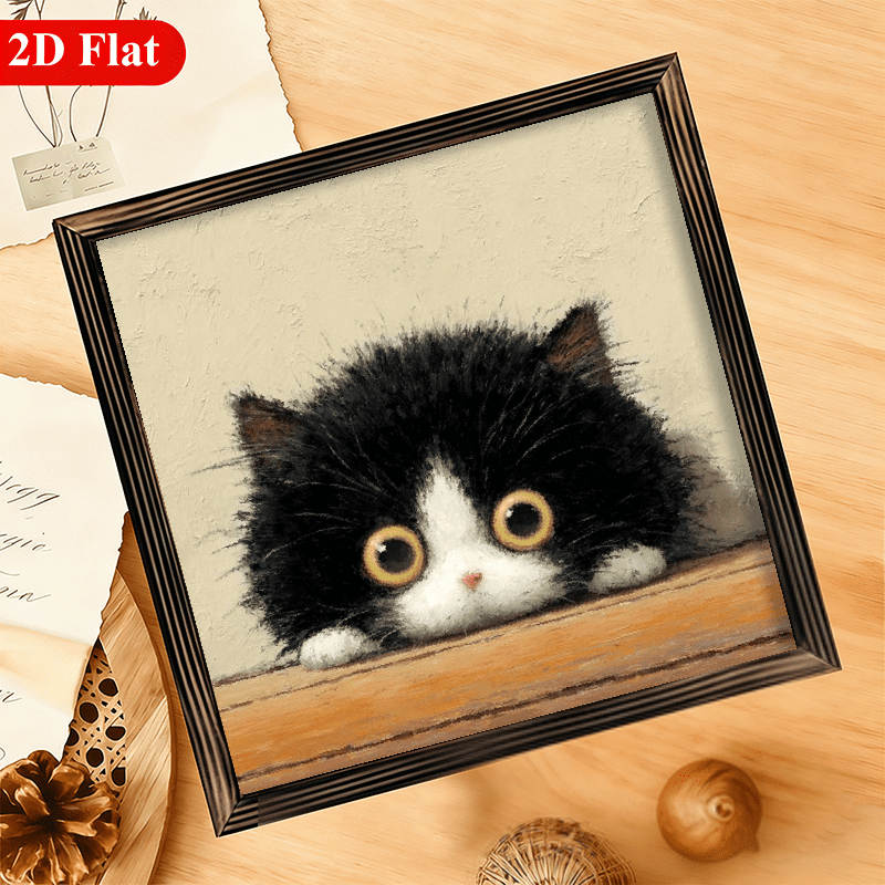 2D Flat Print, 1pc Square Wood Frame Sign Curious Cat Wall Art ...