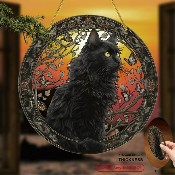 2D Flat Print Acrylic Black Cat Sun Catcher - Round Stained Glass ...
