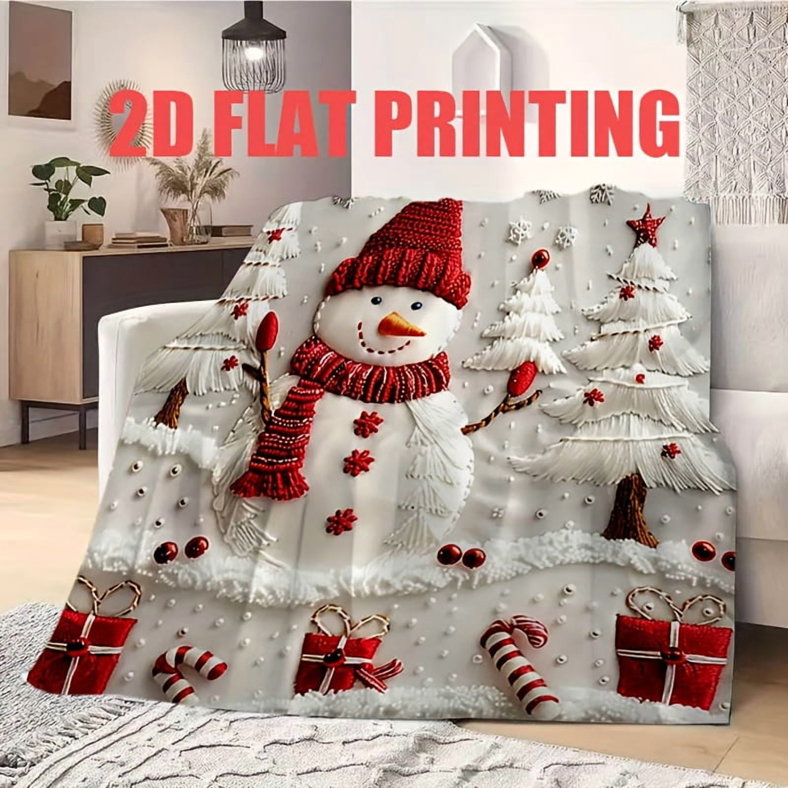 2D Flat Print Snowman Tree Pattern Blanket - Lightweight Flannel Throw ...