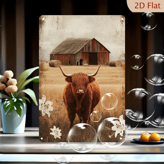 2D Flat Printing, 1pc, Red Highland Cow Farmhouse Barn Metal Sign ...