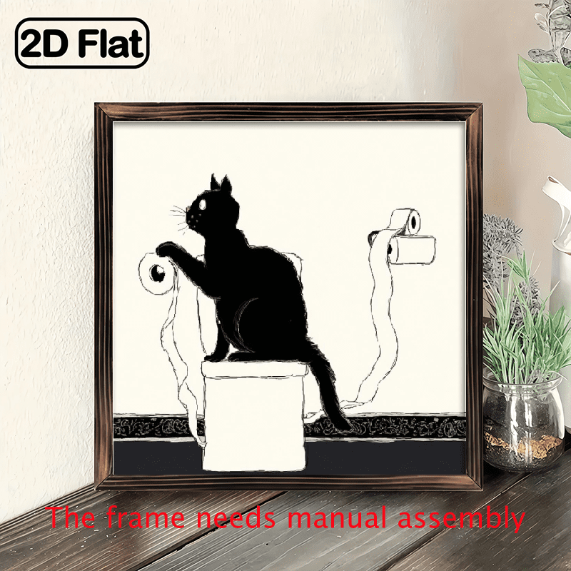 2D Flat Prints 1pc Wood Frame Wooden Wall Sign Black cat, toilet paper ...