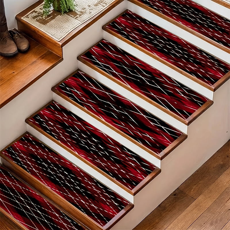 2D Flat Red And Black Checkered Stair Mat, Machine Washable And Easy to ...