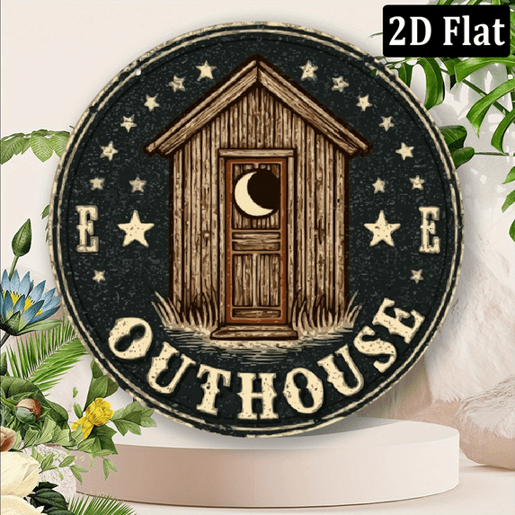2D Flat, Retro Outhouse-Themed Round Aluminum Sign - Engraved Wall Art ...