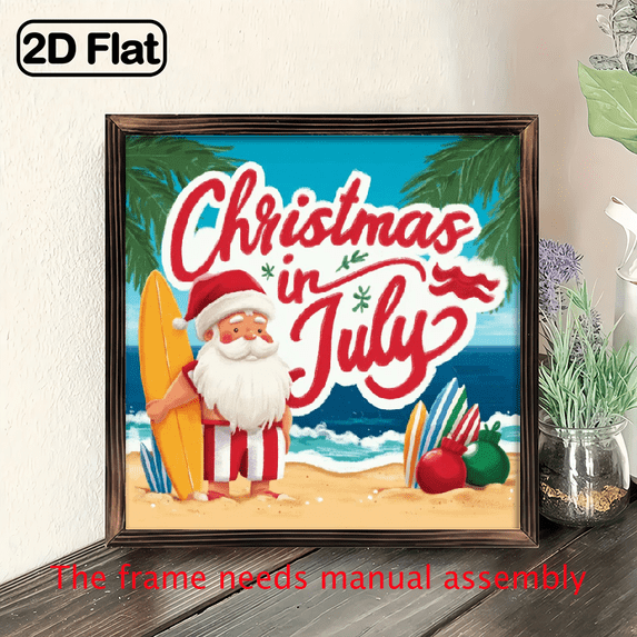 2D Flat, Retro Tropical Christmas in July Wooden Framed Sign - 8x8 Inch ...