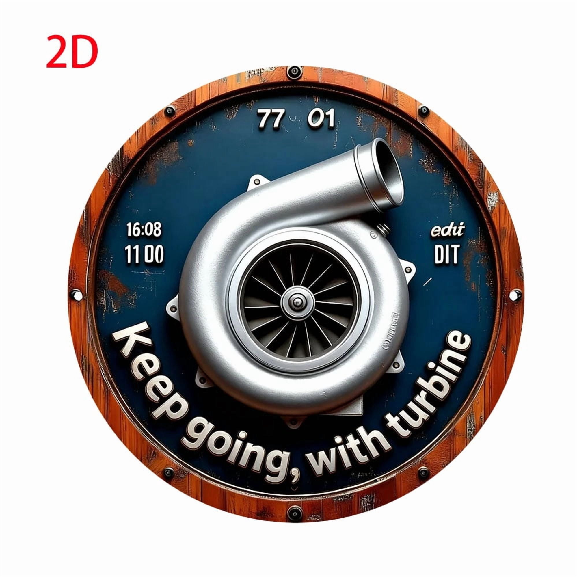 2D Flat Retro V8 Engine Metal Wall Plaque - Rustic Blue & Orange Garage ...