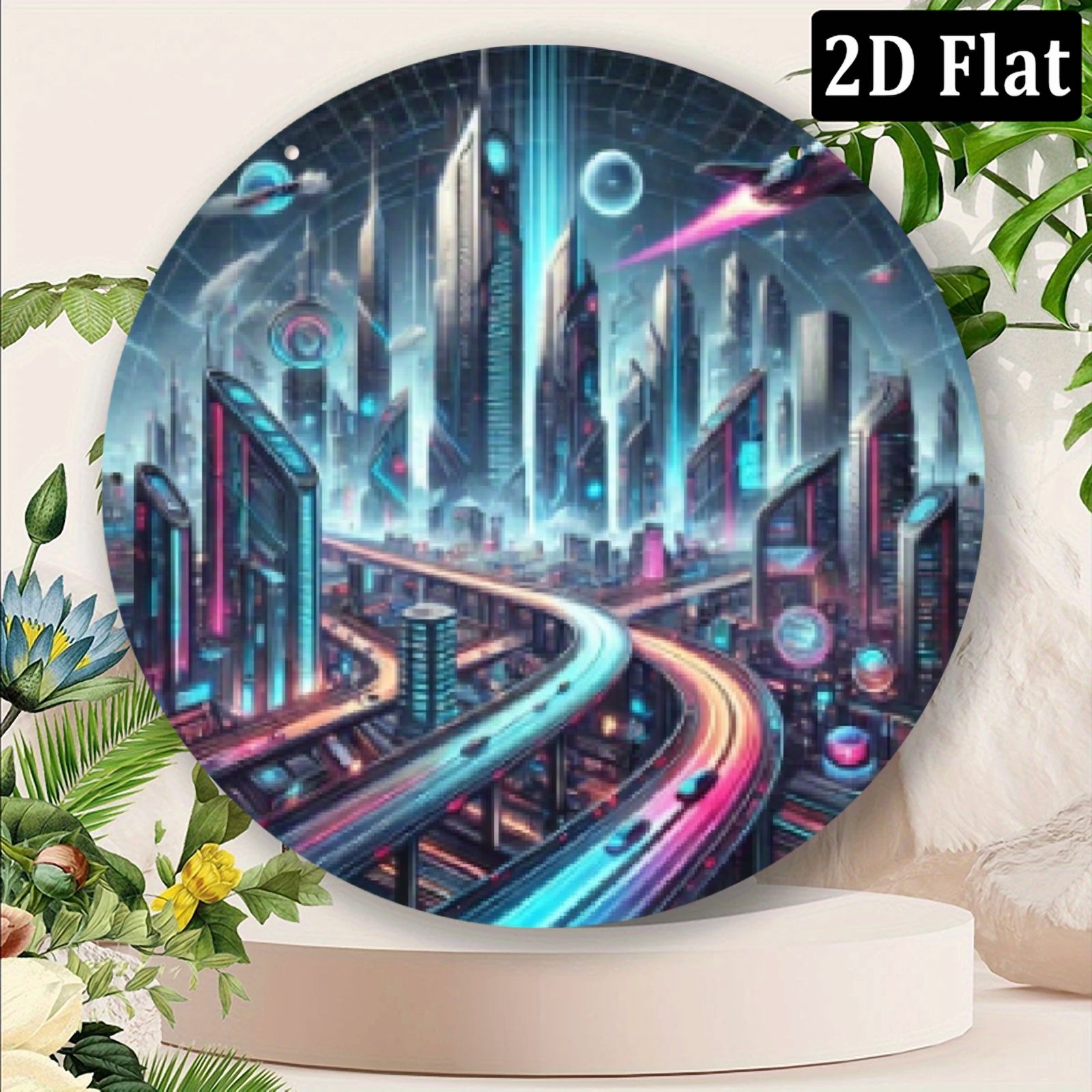 2D Flat Room Decor 1pc Cyberpunk Cityscape Round Aluminum Sign, 8x8 ...