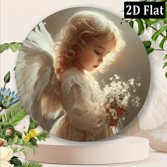 2D Flat, Room Decor Angel with Wings and Flowers Iron Art Set, Round ...