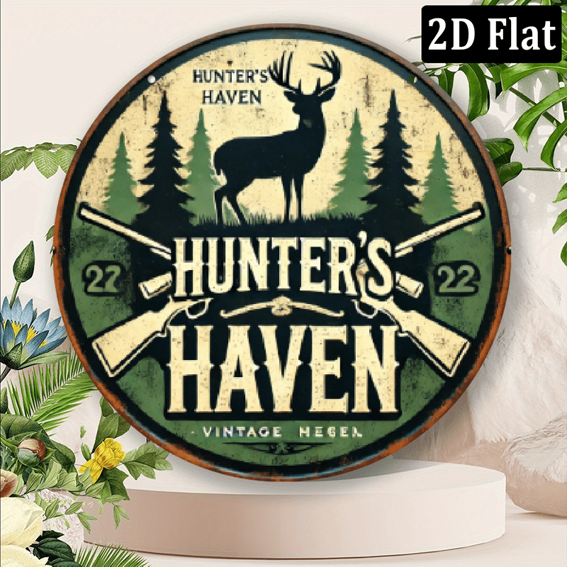 2D Flat Room Decor Hunter'S Haven Vintage Aluminum Sign, 8x8 Inch Round ...