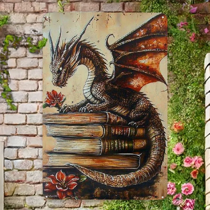 2D Flat Room Decor Retro Reading Dragon Metal Tin Sign for Cafe, Garage ...