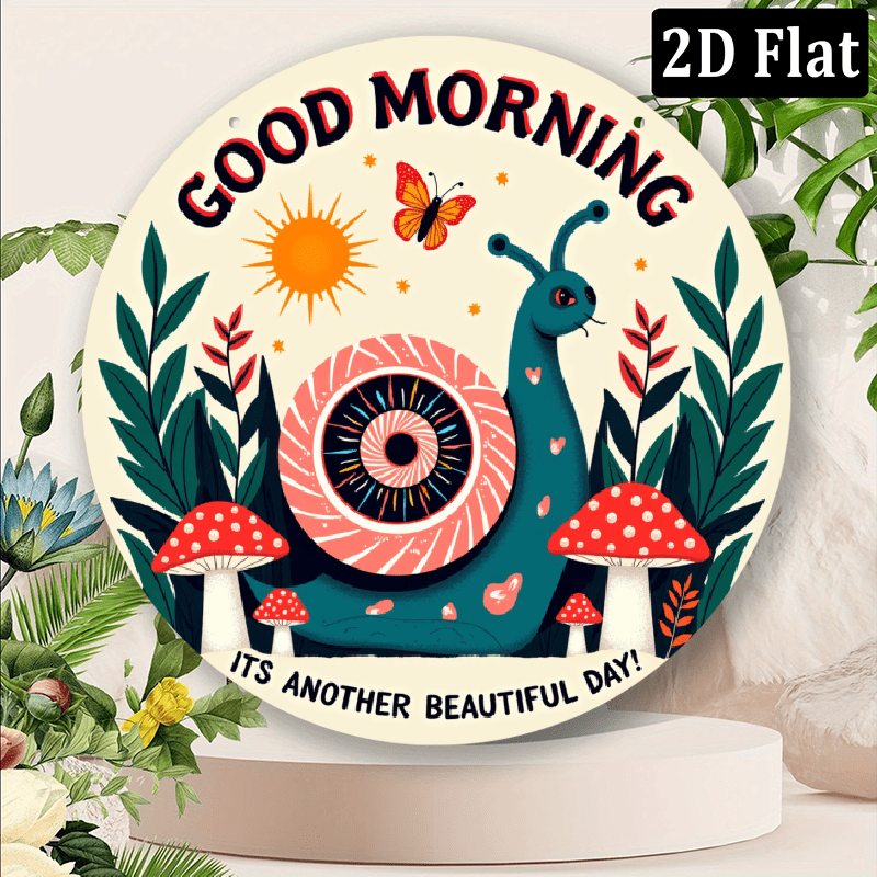 2D Flat, Room Decor Snail Good Morning Sign, 8x8 Inch Round Metal Wall ...